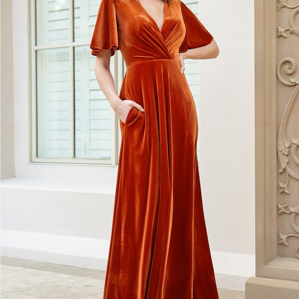 B2 Burnt Orange Stretch Velvet Formal Gown - Gem
